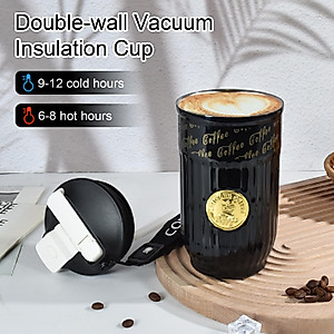 14oz Insulated Travel Tumblers with Lid, Travel Coffee Mug Stainless Steel Vacuum Thermos Cup, Leak Proof Reusable Cute Coffee Tumbler for Iced and Hot Drinks,Black