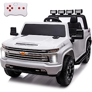 sopbost 4WD 24V 2 Seater Kids Ride On Truck with Remote Licensed Chevrolet Silverado Electric Toy Car with EVA Tires Wheels, High/Low Speed, Music Play (White)