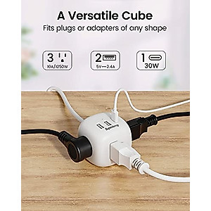 30W USB C Power Strip, Fast Charger with 3 Outlets & 30W PD Port, SUPERDANNY Mini Cube Charging Station with Flat Plug, 5 Ft Extension Cord, Travel Power Strip for Cruise, Dorm, Home, White