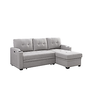 Lilola Home Mabel Light Gray Linen Fabric Sleeper Sectional with cupholder, USB Charging Port and Pocket