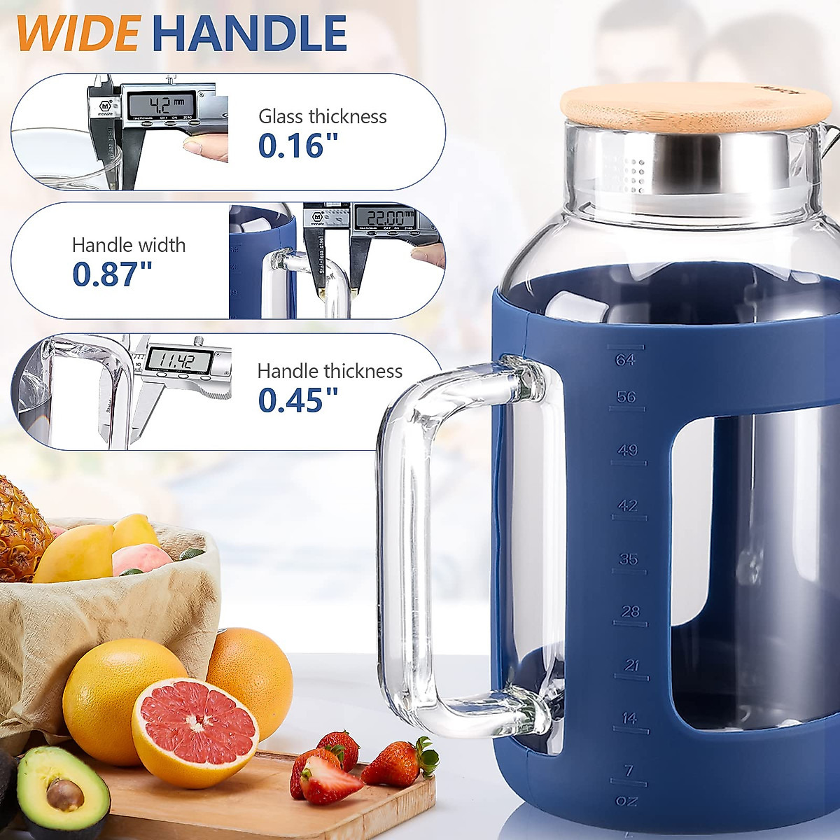 WINSA Glass Pitcher with Lid and Spout, 64oz Water Pitcher with Wide Handle, Silicone Sleeve & Bamboo Lid, Tea Pitcher for Fridge Water, Milk, Juice(Navy)