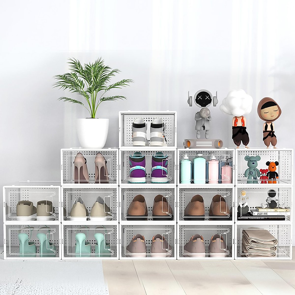 Secret Space 12 Pack Large Shoe Storage Organizer for Closet, Modular Space Saving Shoe Boxes Clear Plastic Stackable Containers Display Case Bins with Lids, Shoe Rack for Sneaker Storage, White