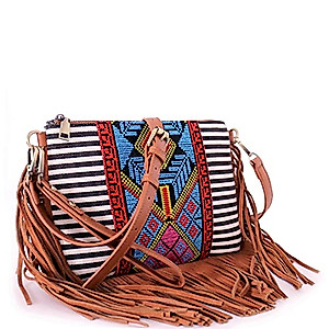 Boho Fringed Tassel Aztec Tribal Print Canvas Satchel Crossbody Bag Wristlet Purse (Leather Fringed Wristlet Cross Body - Brown)