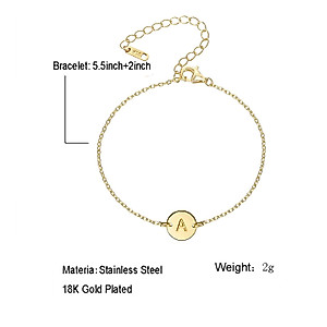 18K Gold Plated Stainless Steel Initial Bracelet Personalized Letter J Charm Bracelet Small Dainty Disc Monogram Name Bracelet for Women