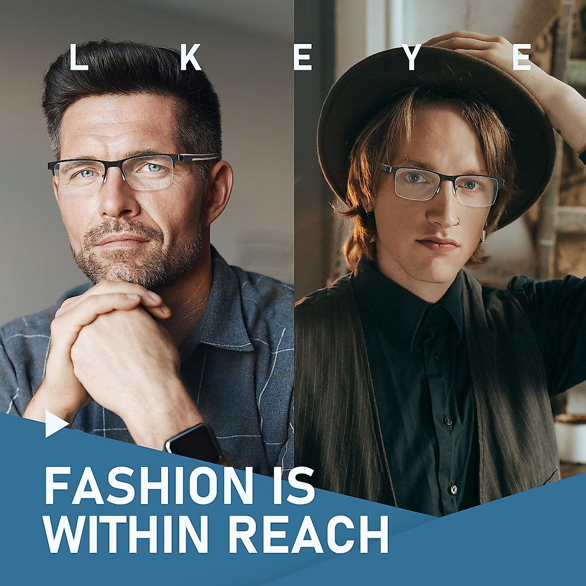 LKEYE Multifocus Reading Glasses Men Progressive Multifocal Blue Light Blocking Computer Reader Half Metal Frame Extra Wide No Line Multi Focus Large Designer Transition Spring Hinge Eyeglasses 1.50x