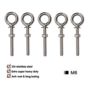 YaeCCC 5 Pack Stainless Steel T316 Shoulder Eye Bolts 1/4" x 3", Heavy Duty Eyebolts with 1 pc Drill bit