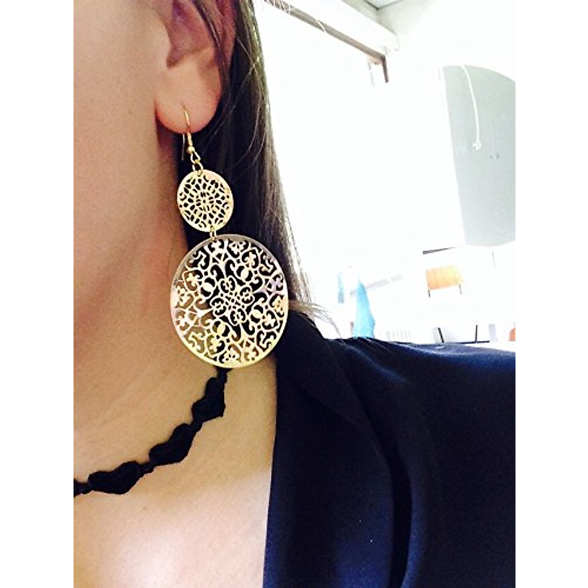 IDB Delicate Filigree Dangle Double Circle Drop Hook Earrings - Approx 3 1/4 inches (3.25" / 8.2 cm) Length x 1 13/16 inches (1.81" / 4.6cm) - (Gold Tone)