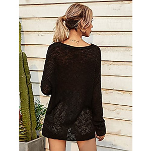 Anna-Kaci Women's V Neck Knit Pullover Sweaters Long Sleeve Distressed Casual Chunky Tunic Shirts, Black, Medium