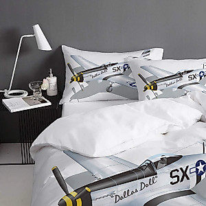 Artistic Duvet Cover Queen Size 4Pcs Bedding Duvet Cover Set(Comforter Cover Pillowcases Flat Sheet) P-51 Dallas Doll Print American Air Force Classic Plane Bedding Cover Set for Bedroom, Hotel Decor