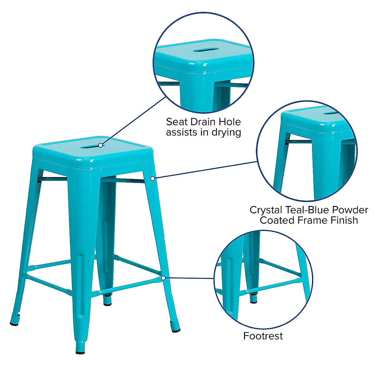 EMMA + OLIVER Commercial Grade 24" H Backless Teal-Blue Indoor-Outdoor Counter Height Stool
