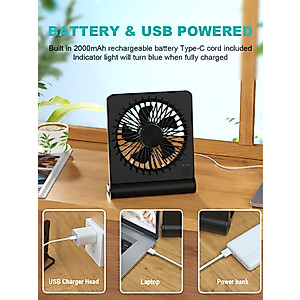 Tevelecin Small Desk Fan, 2000mAh Rechargeable USB Fan Battery Operated,Ultra Quiet, Strong Wind, 3 Speeds Travel Fan