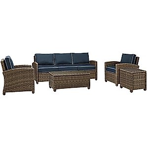 Crosley Furniture Bradenton 5-Piece Outdoor Sofa Patio Furniture Set, Wicker Conversation Sets for Porch, Brown with Navy Cushions