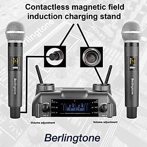 Berlingtone, Professional Dual Dynamic Handheld UHF Wireless Microphone System, Magnetic Wireless Charging, 2x100 Adjustable Frequency Channels for Karaoke, Meeting, Church, up 200ft Range (BR-60UM)