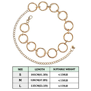 Glamorstar O-Ring Chain Belts for Women Waist Band Belt for Dress Link Chain Gift Large Circle Gold Plus Size 135CM/53.1IN