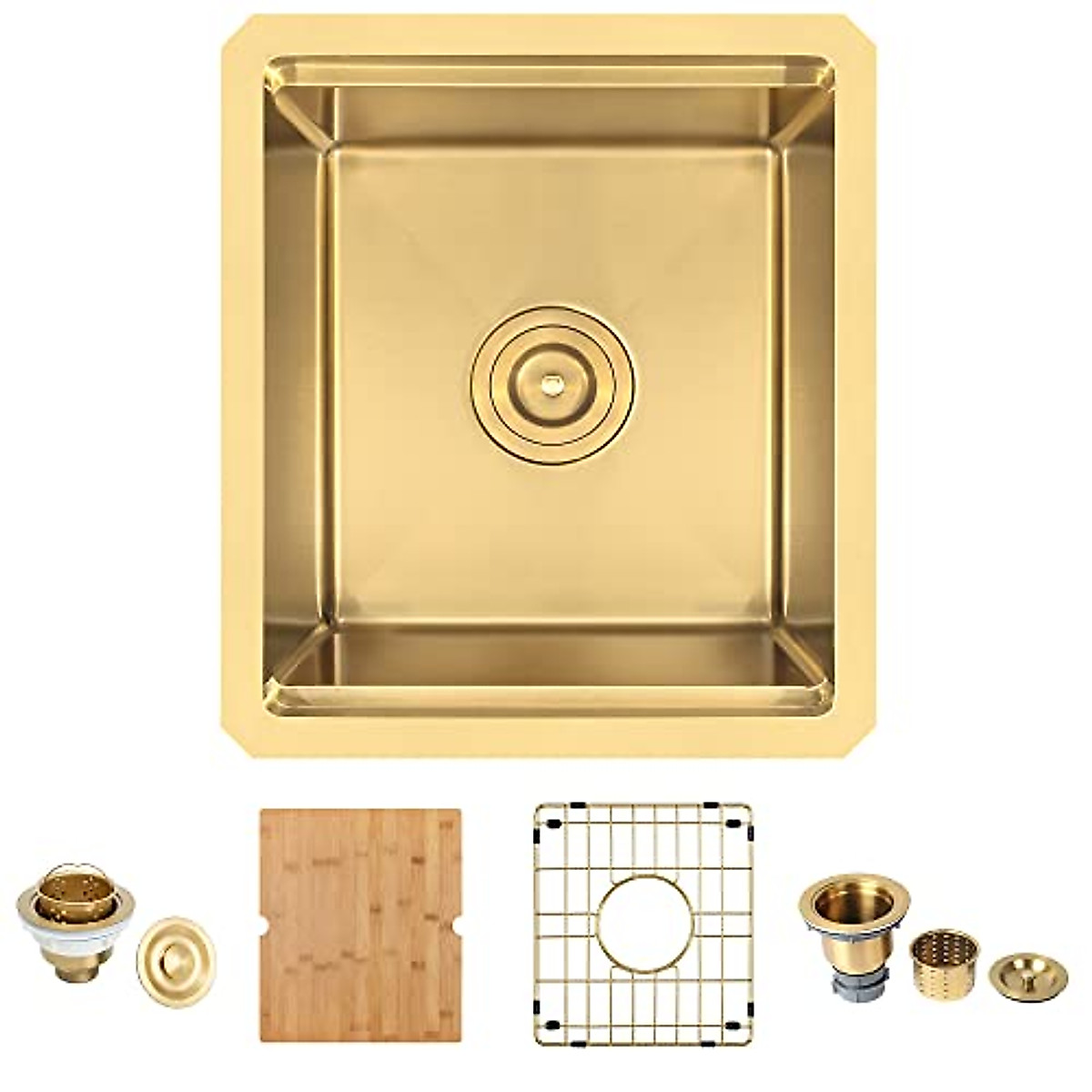 LQS Kitchen Sink Drain Strainer Assembly and Gold Undermount Bar Sink, RV Sink, Handmade Stainless Steel Bar Sink 15" x 17", 16 Gauge Workstation Sink