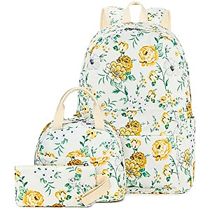 LEDAOU Backpack for Teen Girls School Bags Kids Bookbags Set School Backpack with Lunch Box and Pencil Case (Yellow White Flowers)