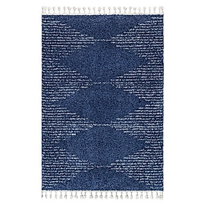 nuLOOM Bria Moroccan Shag Tasseled Area Rug - 5x8 Shag Area Rug Modern/Contemporary Blue/Ivory Rugs for Living Room Bedroom Dining Room Nursery