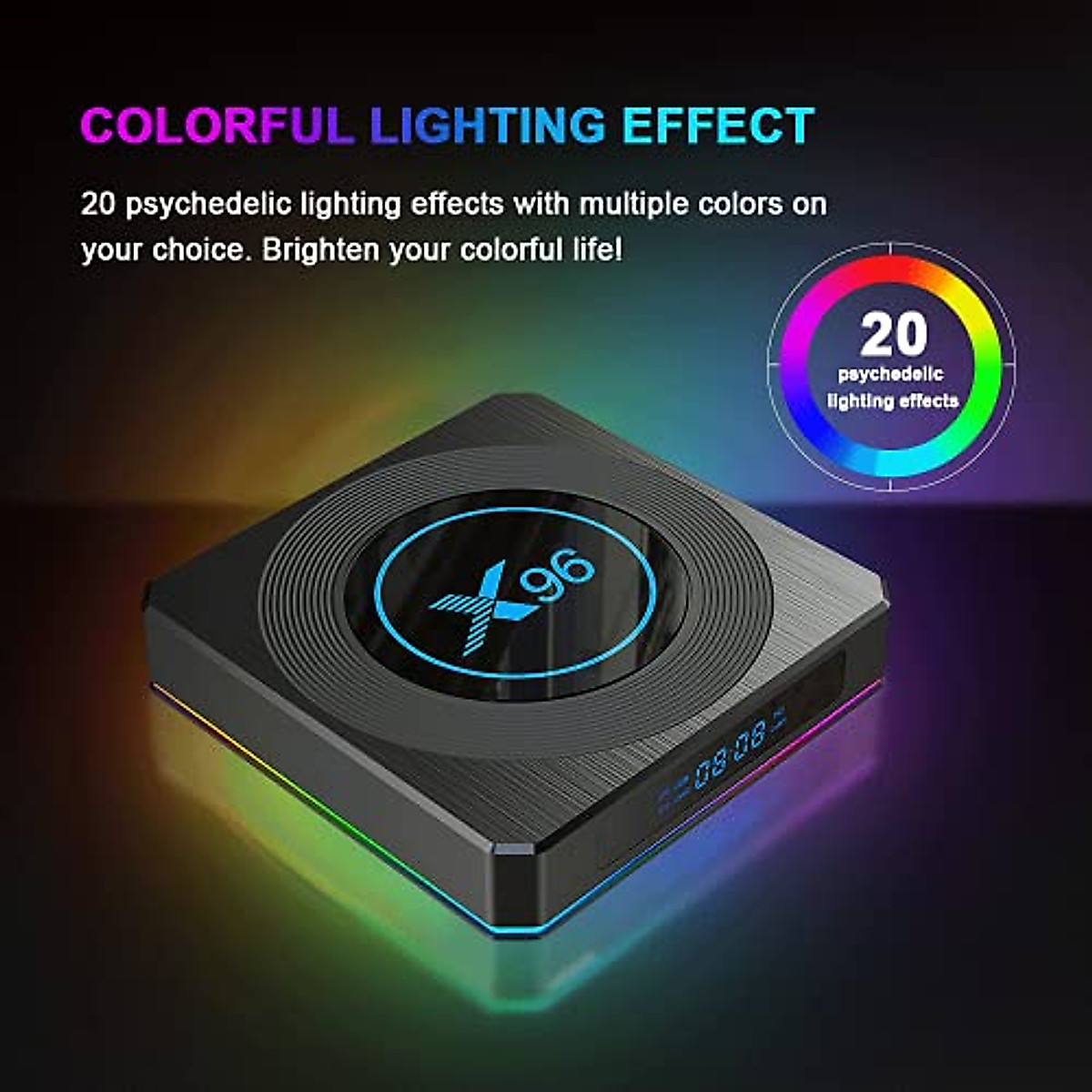 Xilibod Android TV Box Android 11 TV Box 4GB RAM 32GB ROM Amlogic S905X4 Quad Core 64 Bit Mali-G31 MP2 2.4G/5G WiFi BT4.1 USB3.0 Colorful Lighting Smart TV Box - Model No.: X96X4 4GB 32GB