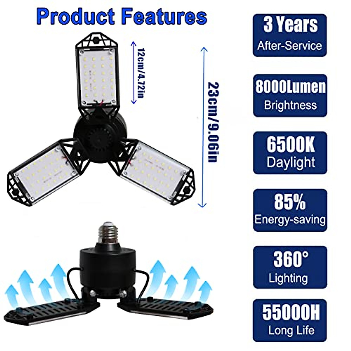 LED Garage Light, 80W Garage Lights LED Shop Light, 8000 Lumen Garage LED Ceiling Lights with 3 Adjustable Panels, 6500K Daylight Garage Lighting LED Light Bulb Fixture LED Lights for Garage, Workshop