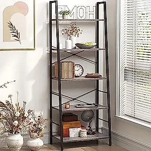 Yusong Bookshelf, Ladder Shelf 5-Tier Bookcase for Bedroom, Industrial Book Shelves Storage Rack with Metal Frame for Home Office, Gray