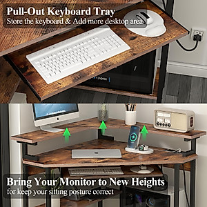 Auromie Corner Desk with Charging Station & LED Light, Triangle Corner Desk with Monitor Stand & Keyboard Tray for Small Space, Gaming Computer Desk with Storage Shelves for Home Office (Rustic)