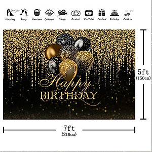 Aperturee 7x5ft Happy Birthday Backdrop Glitter Black and Gold Bokeh Balloons Golden Sparkle Sequin Spots Photography Background Adult Women Girl Banner Party Decoration Photo Booth Studio Cake Table