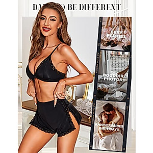 RSLOVE Sexy Pajamas for Women Soft Lingerie Set Lace Trim Sleepwear 2 piece Pjs Shorts Set Black S