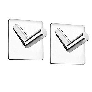 Celbon 2PC Self Adhesive Bath Towel Hook Sliver Chrome Sticky Stainless Steel Robe Hooks Heavy Duty Door Hooks for Bathrooms,Kitchen,Lavatory Closet (2PC, Square Base)