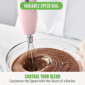 GreenLife Immersion Electric Handheld Stick Blender with Stainless Steel Blades, Whisk, Frother, Measuring Cup and Lid, Soups, Puree, Cake, Multi-Speed Control, Portable, Pink