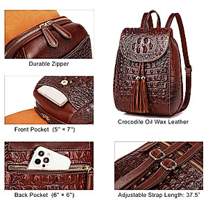 COOLCY Women Small Genuine Leather Backpack Purse Crocodile Designer Bag (Dark Brown)