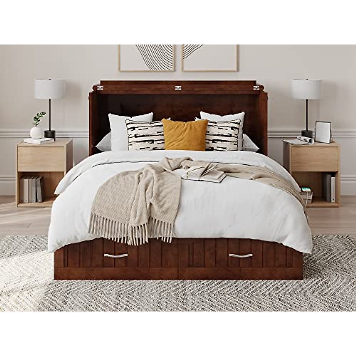 AFI Southampton Full Murphy Bed Chest with Mattress, Storage, and Built-in Charger in Walnut