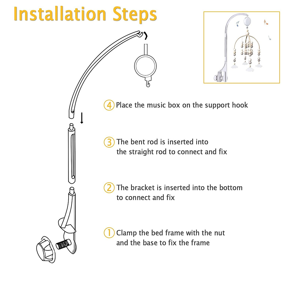 Nursery Mobile Crib with Music Box and Crib Mobile Arm, Baby Mobile for Crib, Handmade Felt Ball Mobile, Boho Nursery Decor for Baby Boys Girls Kids, Baby Shower Photography Props