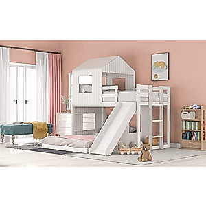 MERITLINE House Bed Bunk Beds with Slide Twin Over Full Size Bunk Bed Frame with Slide,Wooden Playhouse - Design Slide Bunk Beds Twin Over Full Bunk for Boys and Girls