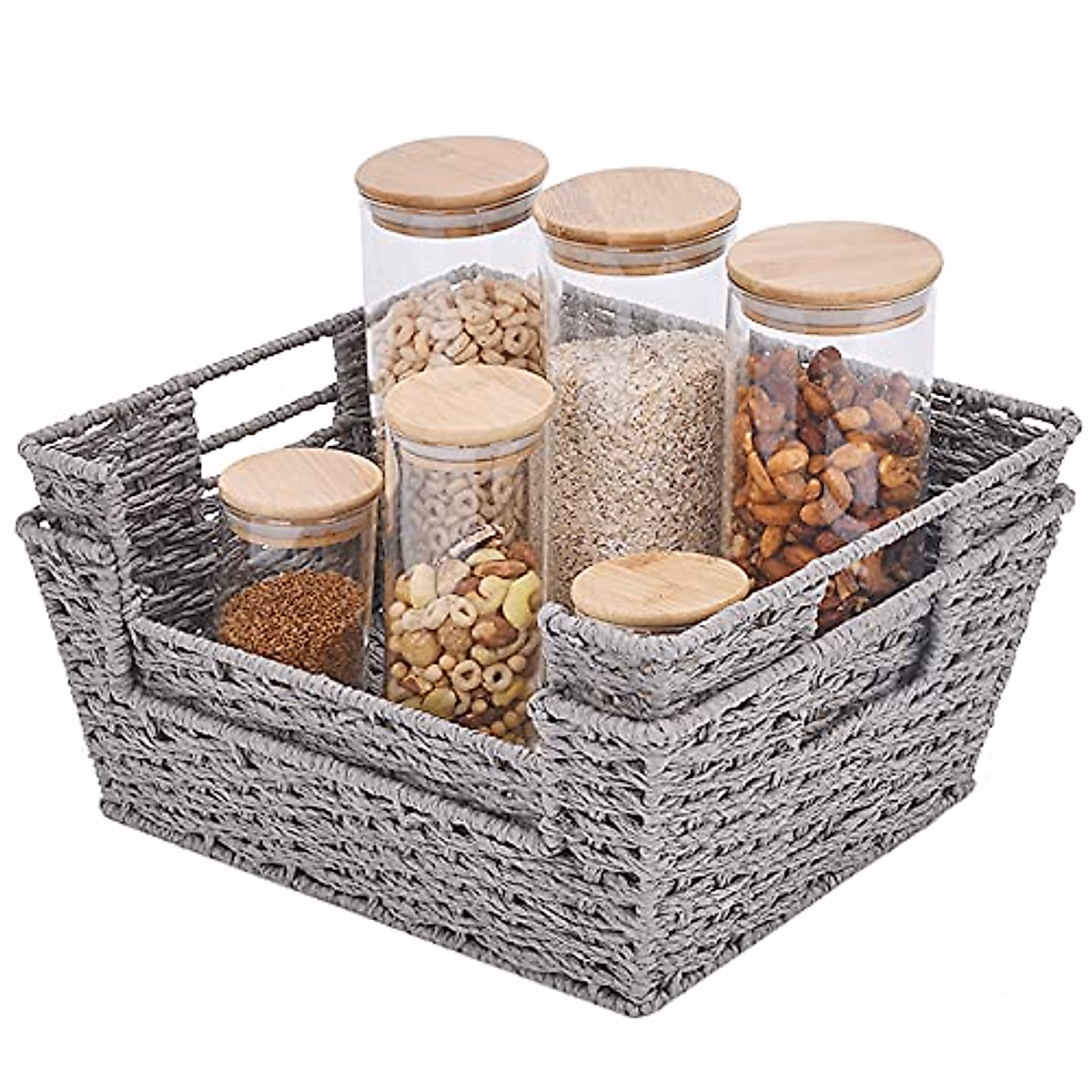 StorageWorks Round Paper Rope Storage Basket, Hand-Woven Open-Front Bin with Handles, Gray, 2-Pack