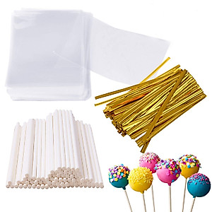 Augshy 300Pcs 6 Inches Cake Pop Sticks and Wrappers Include 100Pcs Cake Pop Sticks 100Pcs Cake Pop Bags and 100Pcs Twist Ties