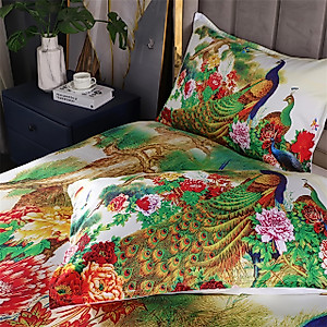 YGNNIU Peacock Duvet Cover Queen Size Floral Pattern Bedding Set Retro Chinese Style Peacock Floral Theme Duvet Cover (1 Duvet Cover and 2 Pillowcases) with Hidden Zipper