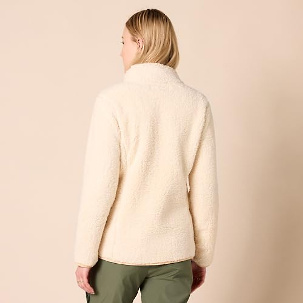 Amazon Essentials Women's Sherpa Long-Sleeve Mock Neck Full-Zip Jacket with Woven Trim (Available in Plus Size), Beige Color Block, Medium