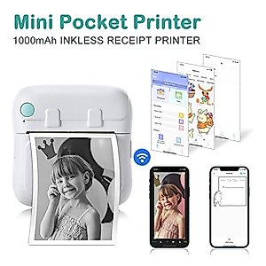 Portable Mini Printer, Small Pocket Thermal Printer with 7 Color Lamp, Bluetooth Wireless Smart Photo Printer with 7 Rolls Paper, Label Maker Machine with iOS Android for Notes, Memos and DIY Painting