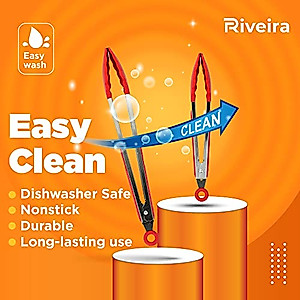 Riveira Red Tongs for Cooking with Silicone Tips | 9 and 12-Inch Pieces | Non-Stick Kitchen Grill Tongs | BBQ Tongs for Grill | 550°F High Heat-Resistant Premium Silicone Tips | 304 Stainless Steel