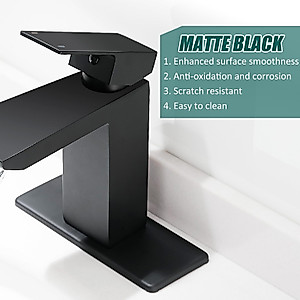 Hoimpro Matte Black Waterfall Single Hole Bathroom Faucet with 6" Deck Plate, Stainless Steel Bathroom Sink Faucet with Pop-up Drain, Rv Vanity Vessel Faucet with Supply Lines, Matte Black