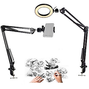 Phone Ring Light, 8'' Ring Light with 2 Suspension Arm Stand Compatible with iPhone 15 14 13 12 11 XR X XS Cell Phone for Baking,Craft,Calligraphy,Drawing,Online Lesson,Video Recording