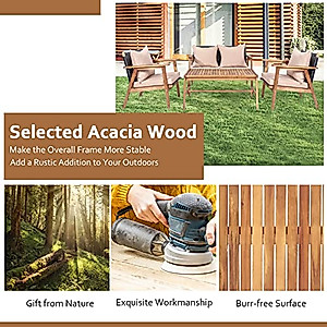 Tangkula 4-Piece Patio Furniture Set, Outdoor Acacia Wood Conversation Set with Cushions and Coffee Table, Outdoor PE Wicker Sectional Sofa Set for Garden, Poolside and Backyard (1, Beige)
