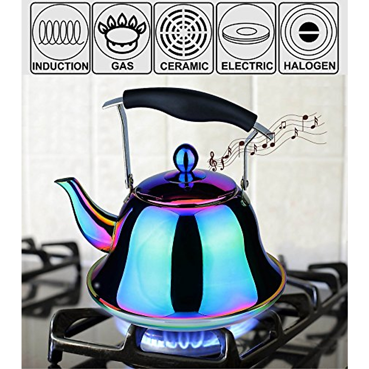 Onlycooker Whistling Tea Kettle Stainless Steel Stovetop Teakettle with Infuser Sturdy Teapot for Tea Coffee Fast Boiling Color Rainbow Mirror Finish 2 Liter / 2.1 Quart