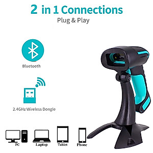 Alacrity 2D 1D QR Industrial Barcode Scanner with Stand, Bluetooth 2.4GHz Wireless 2 in 1, Shock Dust Proof, Hands Free Barcode Reader, Blue