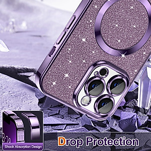 Hython for iPhone 13 Pro Max Case Glitter, Clear Magnetic Phone Cases with Camera Lens Protector [Compatible with MagSafe] Bling Sparkle Plating Soft TPU Slim Shockproof Protective Cover Women-Purple