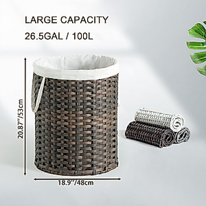 KUREEISE Laundry Basket, Handwoven Rattan Laundry Hamper, No Install Needed, 26.5 Gal (100L) Round Clothes Hamper with Removable Bag & Handles, Foldable Storage Basket for Bedroom（Brown）