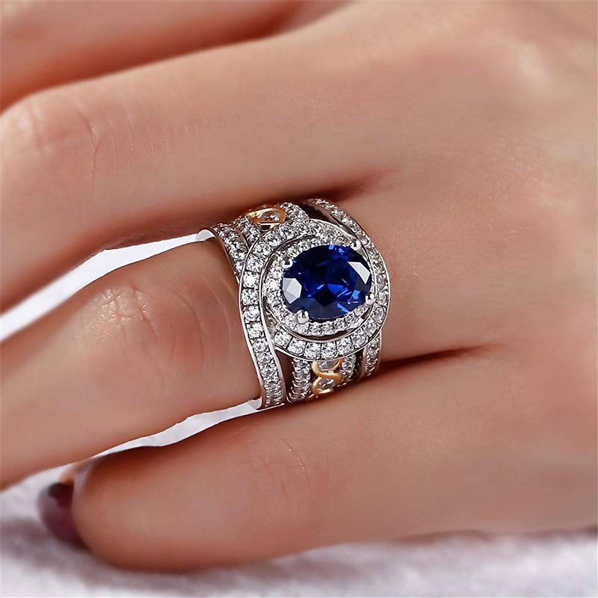 Jeulia Oval Solitaire Engagement Silver Ring: Sterling Bridal Ring Sets Sapphire Blue Cubic Zirconia Wedding Eternity Band with Jewelry Box (Blue, 7)