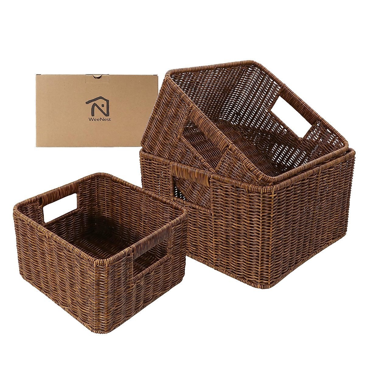 WeeNest Storage Basket, Wicker Storage Cubes, Wicker Basket, Pantry Basket, Wicker Storage Baskets, Basket with Handle, Square Basket, Resin Wicker Set of 3, Toffee