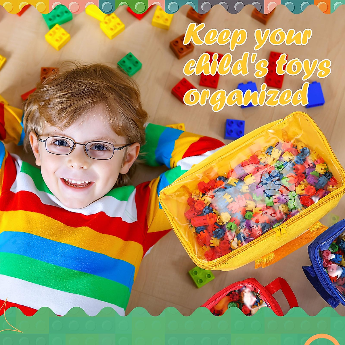 Locmeo 3 Packs Toy Storage Bags with Zipper and Clear PVC Window, Reusable Oxford Fabric Organizing Bags, Toy Bags for Kids Toys Building Blocks and Board Games Storage(Red Yellow Blue)