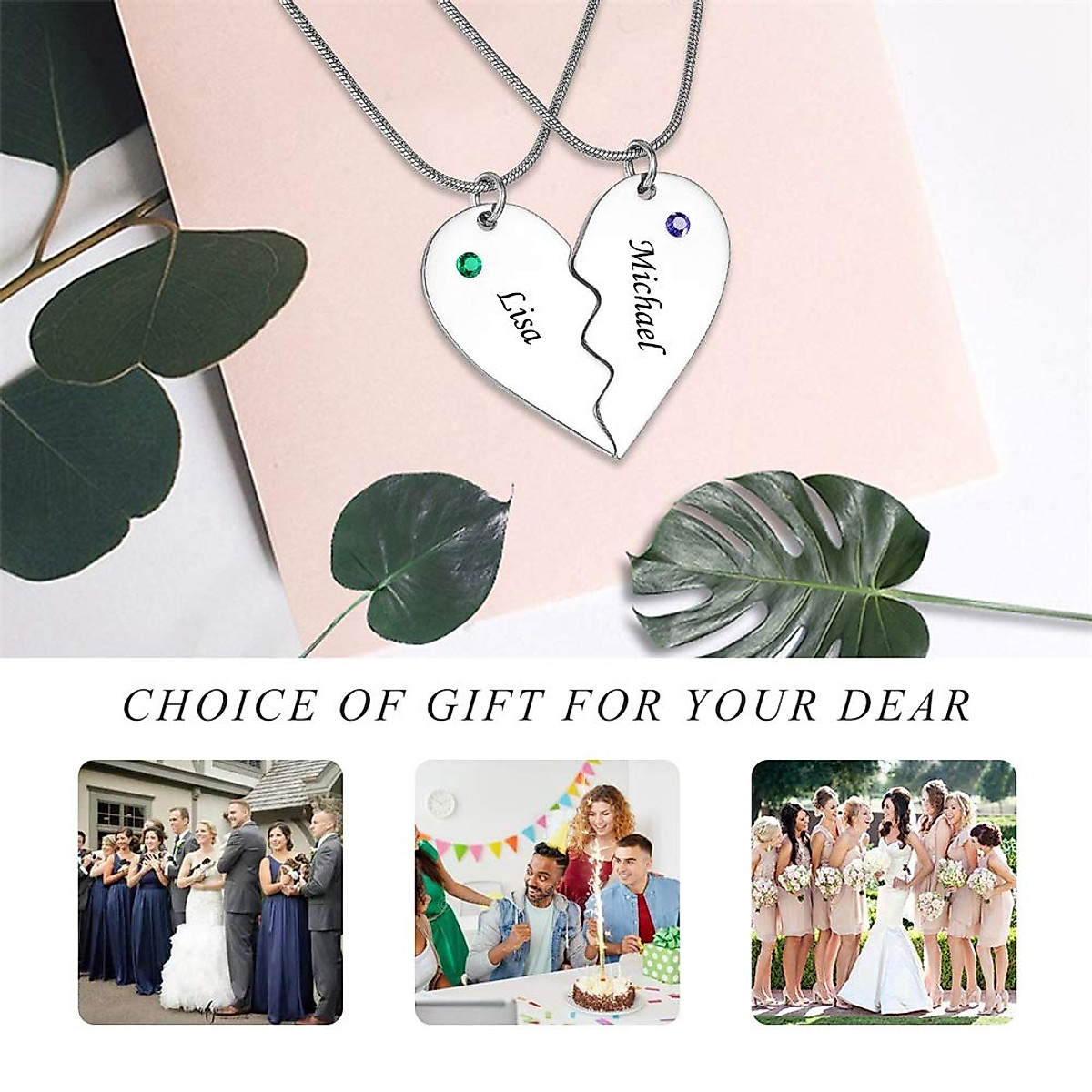 Valyria Personalized Engraved Stainless Steel Matching Heart Puzzle Pendant His and Hers Necklace Custom Couple Name Necklaces(2 Half Heart-Silver) VA002